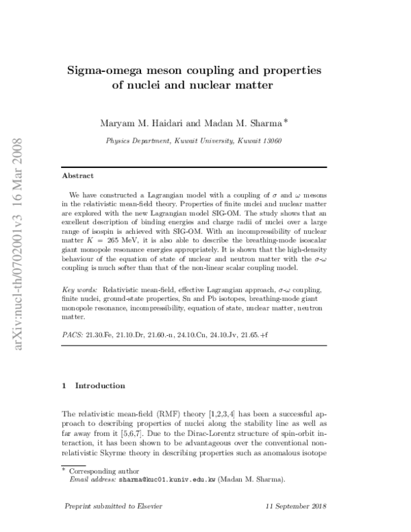 (PDF) Sigma–omega meson coupling and properties of nuclei and nuclear ...