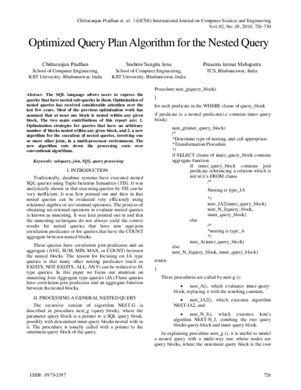 (PDF) Optimized Query Plan Algorithm for the Nested Query