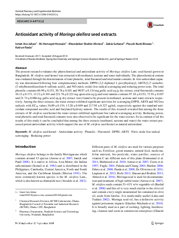 (PDF) Antioxidant activity of Moringa oleifera seed extracts