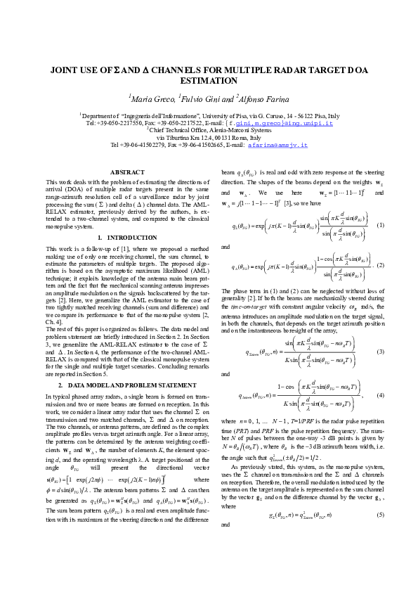 (PDF) Joint Use of Sum and Delta Channels for Multiple Radar Target DOA Estimation