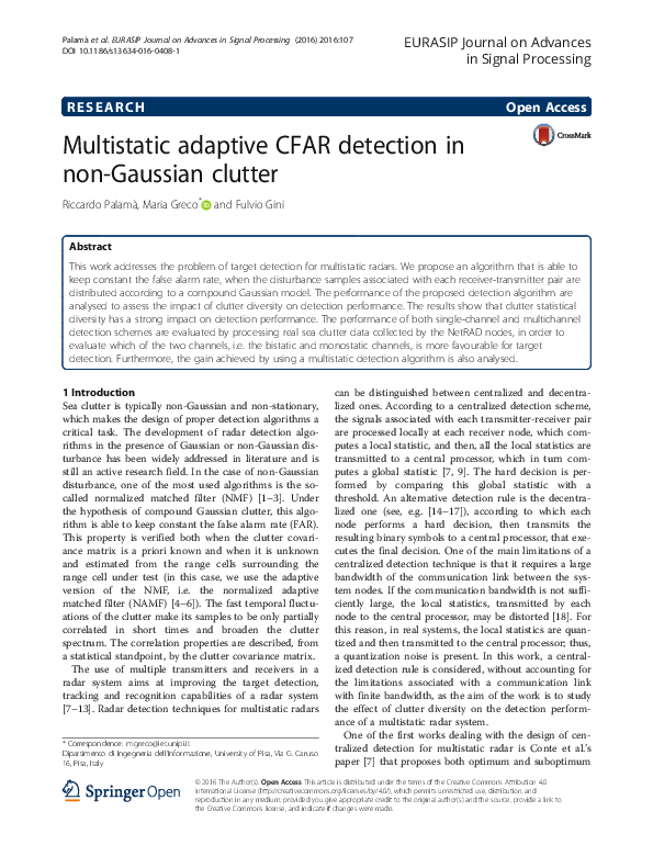 (PDF) Multistatic adaptive CFAR detection in non-Gaussian clutter
