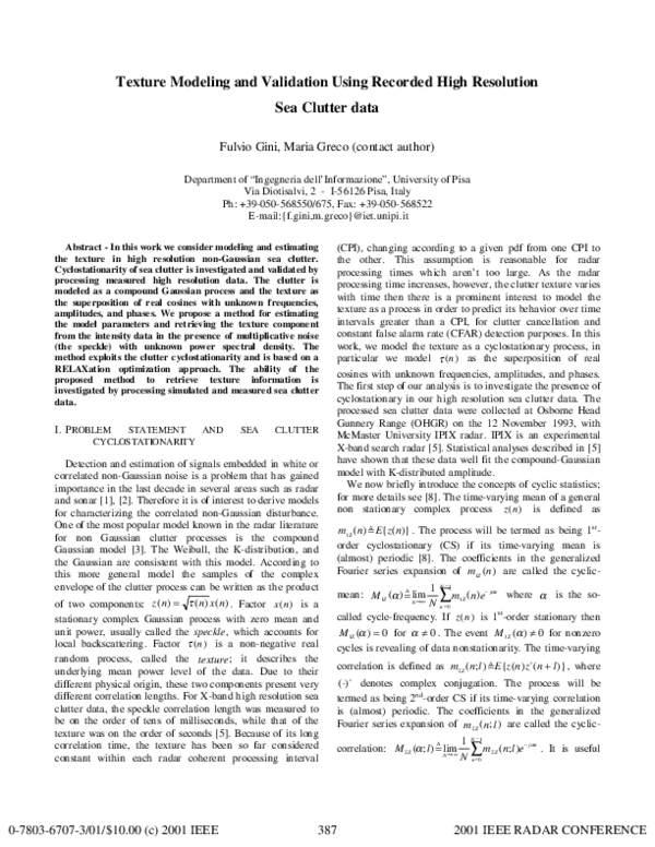 (PDF) Texture modeling and validation using recorded high resolution sea clutter data