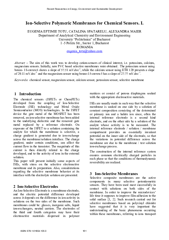 Pdf Ion Selective Polymeric Membranes For Chemical Sensors
