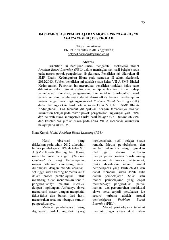 (PDF) Implementasi Pembelajaran Model Problem Based Learning (PBL) DI Sekolah