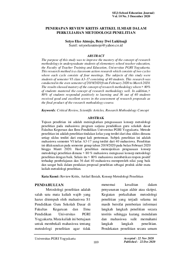 (PDF) Penerapan Review Kritis Artikel Ilmiah Dalam Perkuliahan Metodologi Penelitian