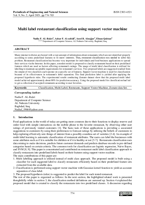 (PDF) Multi label restaurant classification using support vector machine