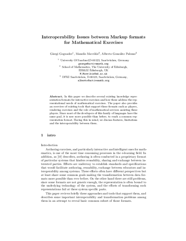 (PDF) Interoperability of Markup Formats for Math Exercises