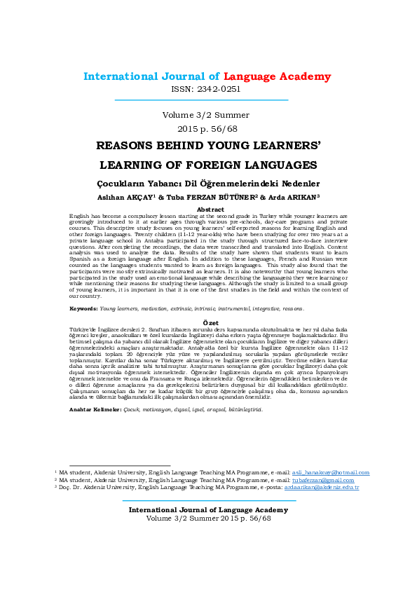 (PDF) Reasons Behind Young Learners' Learning of Foreign Languages