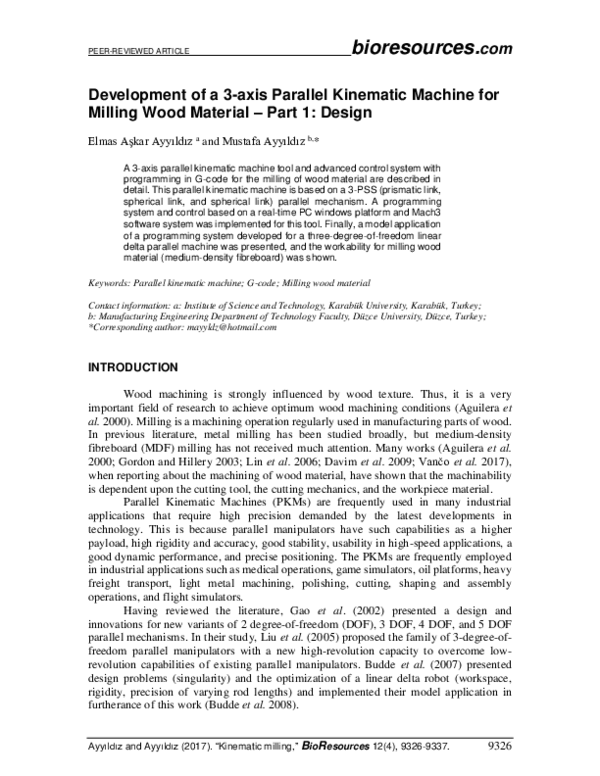 (PDF) Development of a 3-axis Parallel Kinematic Machine for Milling Wood Material - Part 1: Design