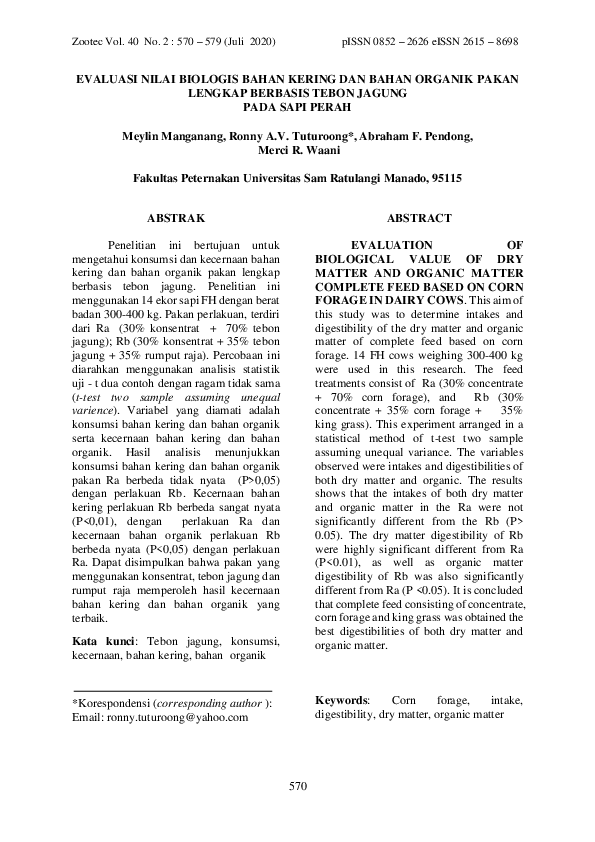 (PDF) Evaluasi Nilai Biologis Bahan Kering Dan Bahan Organik Pakan Lengkap Berbasis Tebon Jagung ...