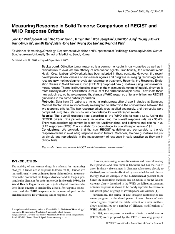 (PDF) Measuring Response in Solid Tumors: Comparison of RECIST and WHO ...