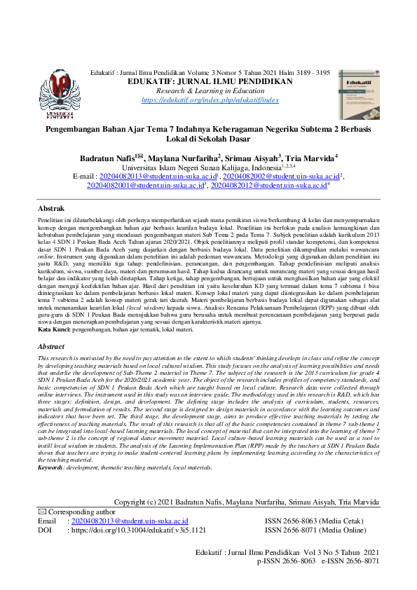 (PDF) Pengembangan Bahan Ajar Tema 7 Indahnya Keberagaman Negeriku Subtema 2 Berbasis Lokal di ...