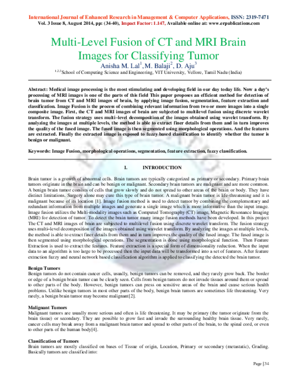 (PDF) Multi-Level Fusion of CT and MRI Brain Images for Classifying Tumor