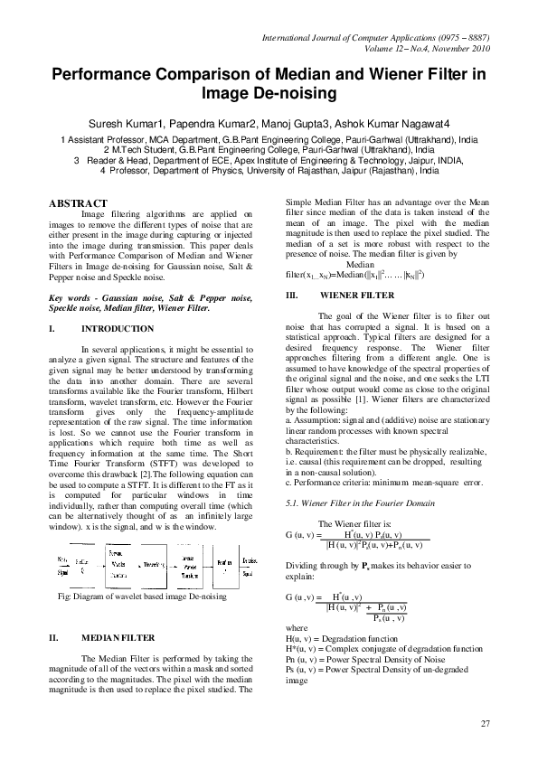 (PDF) Performance Comparison of Median and Wiener Filter in Image De-noising
