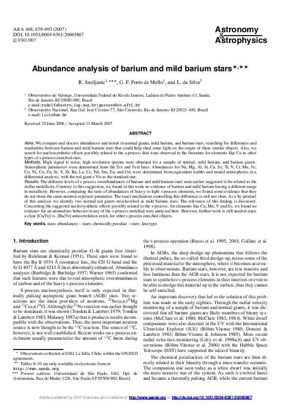 (PDF) Abundance analysis of barium and mild barium stars