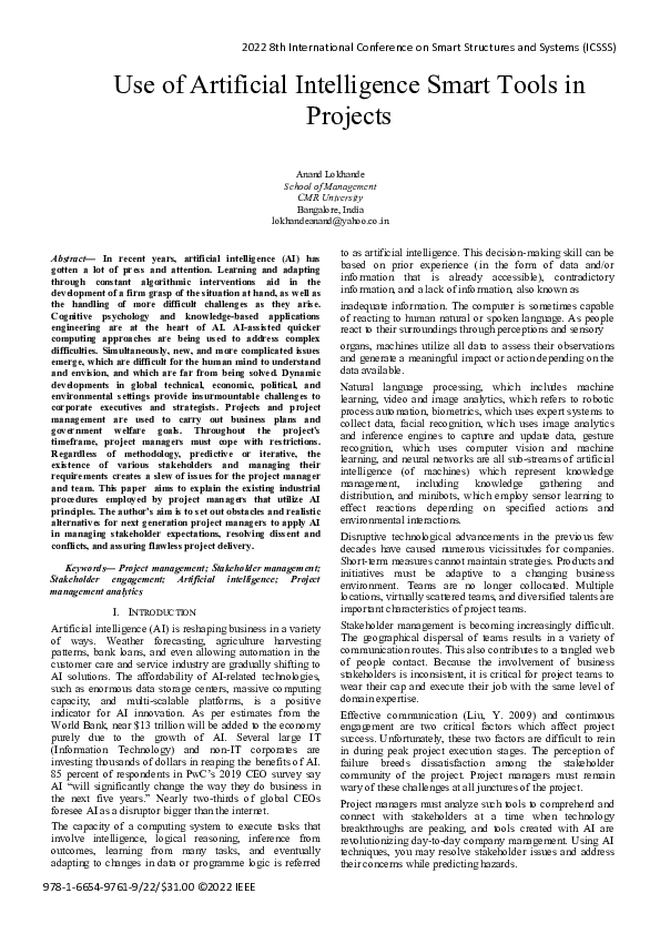 (PDF) Use of Artificial Intelligence Smart Tools in Projects (PDF) Use of Artificial Intelligence Smart Tools in Projects