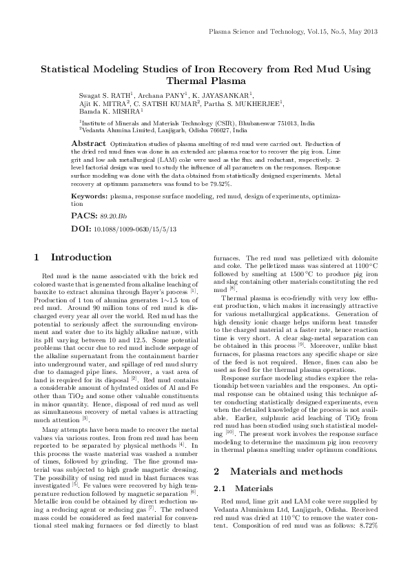 (PDF) Optimizing Iron Recovery from Red Mud via Plasma