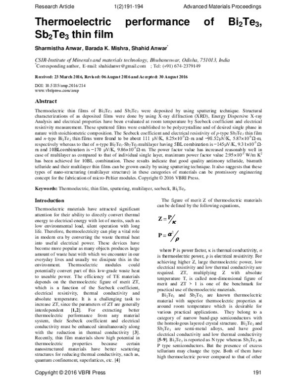(PDF) Thermoelectric Performance Of Bi2Te3, Sb2Te3 Thin Film