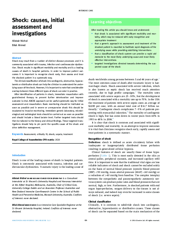 (PDF) Shock: causes, initial assessment and investigations
