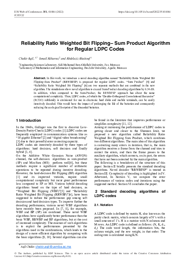 (PDF) Reliability Ratio Weighted Bit Flipping– Sum Product Algorithm for Regular LDPC Codes