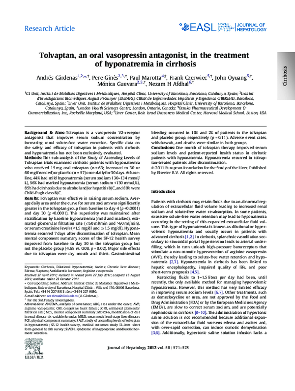 (PDF) Tolvaptan, an oral vasopressin antagonist, in the treatment of hyponatremia in cirrhosis ...