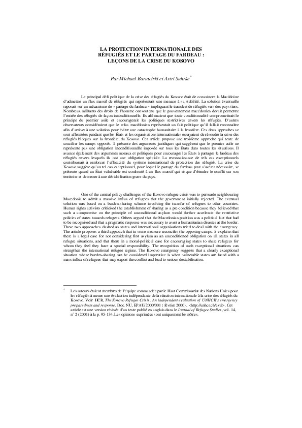 (PDF) La Protection Internationale Des Refugies et Le Partage Du ...