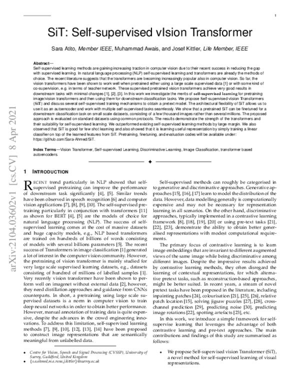 (PDF) SiT: Self-supervised vIsion Transformer | Sara Atito - Academia.edu (PDF) SiT: Self-supervised vIsion Transformer | Sara Atito - Academia.edu