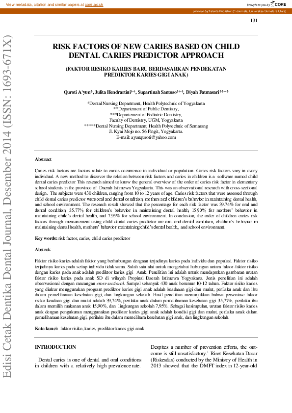 (PDF) Risk Factors of New Caries Based on Child Dental Caries Predictor Approach