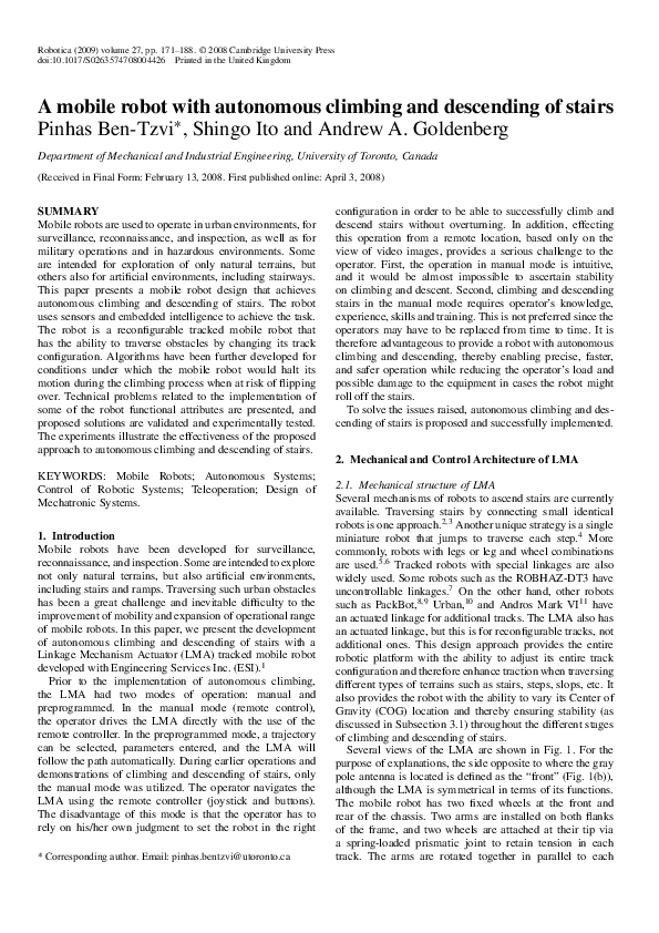 (PDF) A mobile robot with autonomous climbing and descending of stairs