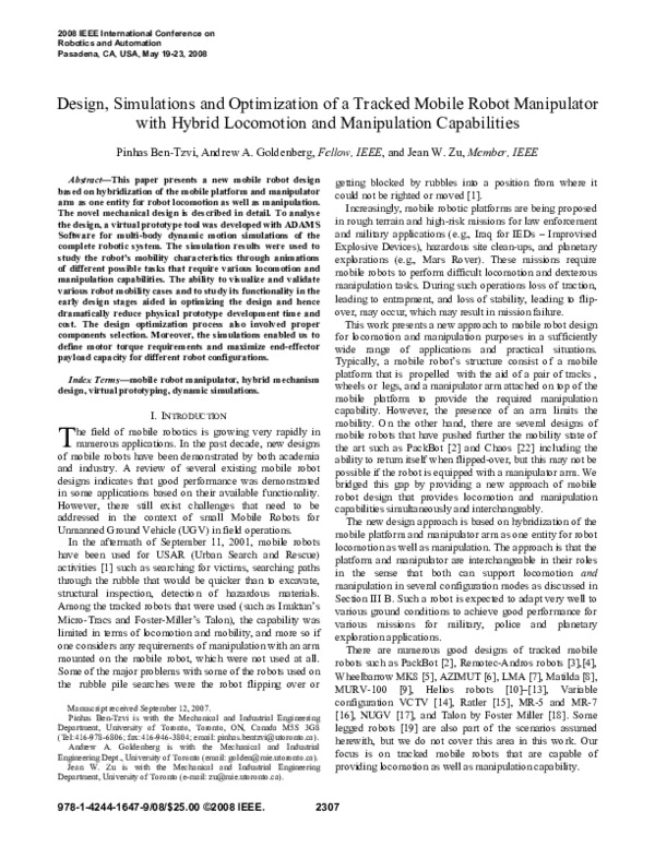 Pdf Design Simulations And Optimization Of A Tracked Mobile Robot Manipulator With Hybrid