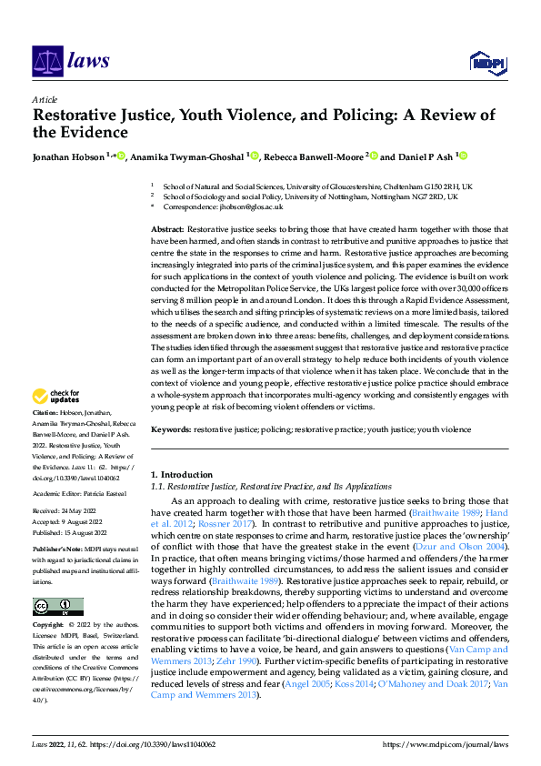 (PDF) Restorative Justice, Youth Violence, and Policing: A Review of the Evidence