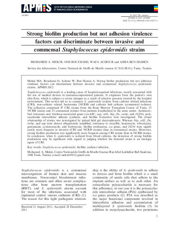 (PDF) Strong biofilm production but not adhesion virulence factors can ...