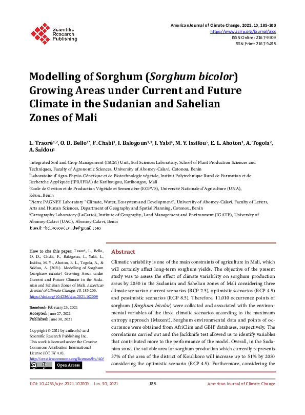 Pdf Modelling Of Sorghum Sorghum Bicolor Growing Areas Under