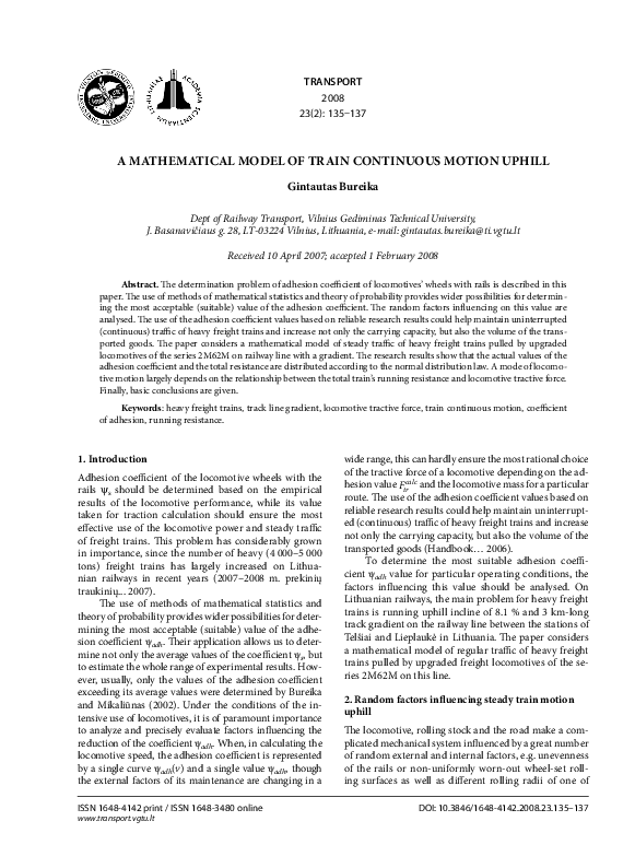 Pdf A Mathematical Model Of Train Continuous Motion Uphill