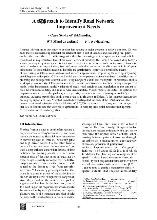 (PDF) A GIS Approach to Identify Road Network Improvement Needs: case study of Kaduwela, Sri Lanka