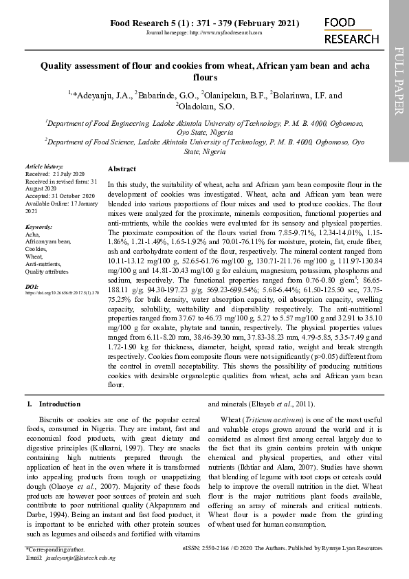 (PDF) Quality assessment of flour and cookies from wheat, African yam bean and acha flours