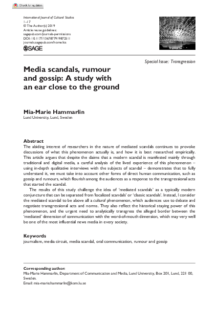 (PDF) Media scandals, rumour and gossip: A study with an ear close to ...