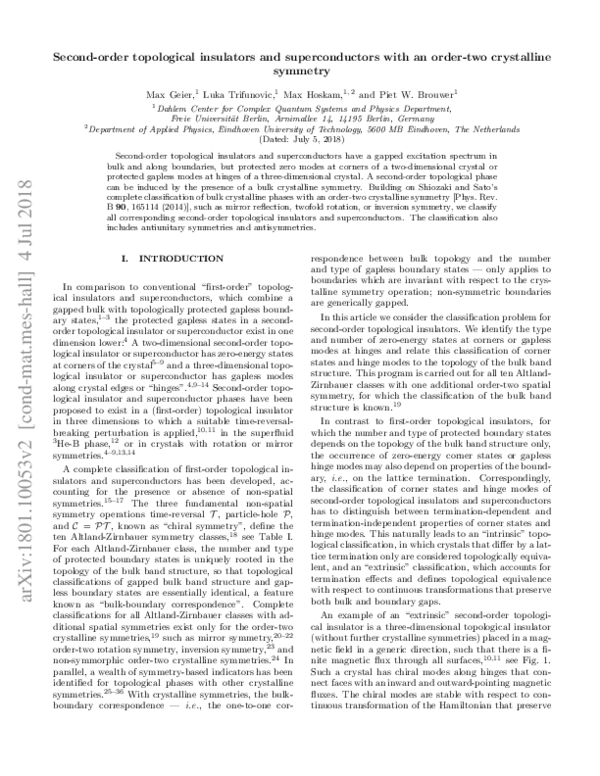 (PDF) Second-order topological insulators and superconductors with an order-two crystalline symmetry