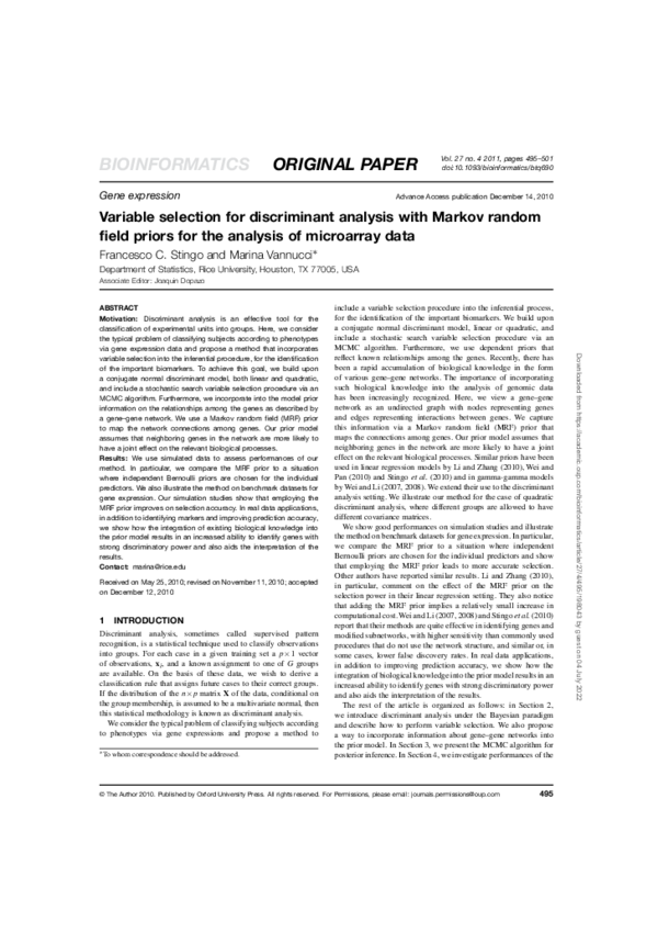 (PDF) Variable selection for discriminant analysis with Markov random field priors for the ...