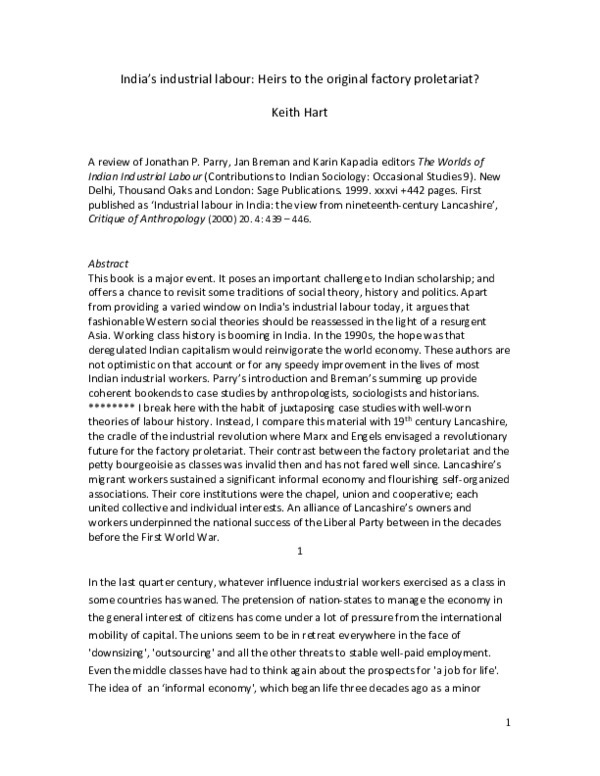 (PDF) India's industrial labour: Heirs to the original factory proletariat?