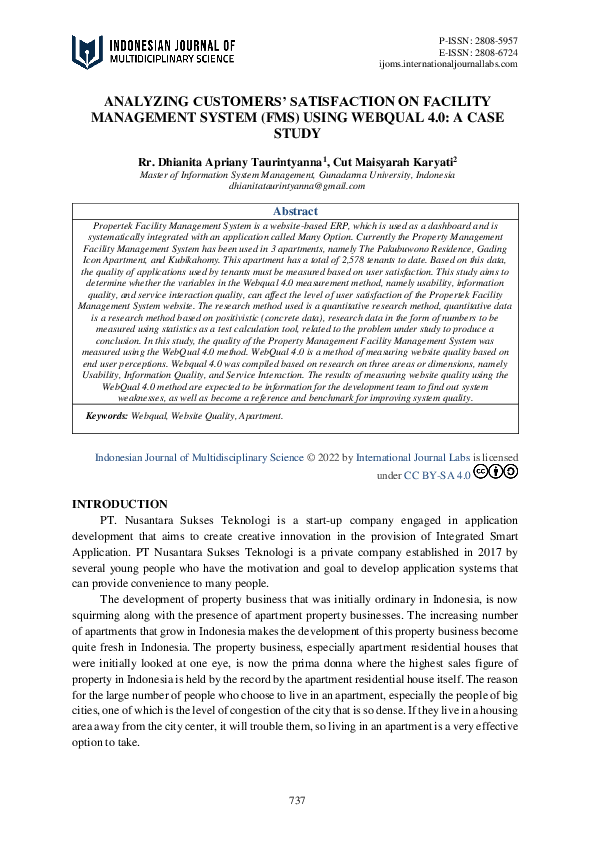 Pdf Analyzing Customers Satisfaction On Facility Management System Fms Using Webqual 4 0 A