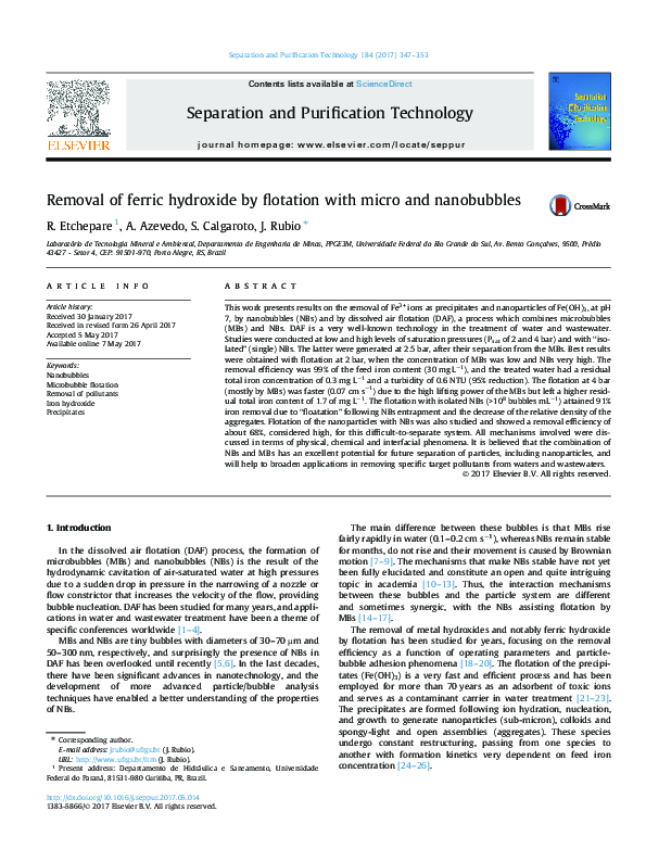 (PDF) Removal of ferric hydroxide by flotation with micro and nanobubbles