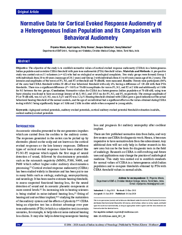 (PDF) Normative data for cortical evoked response audiometry of a heterogeneous Indian ...
