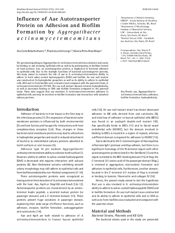 (PDF) Influence of Aae Autotransporter Protein on Adhesion and Biofilm ...