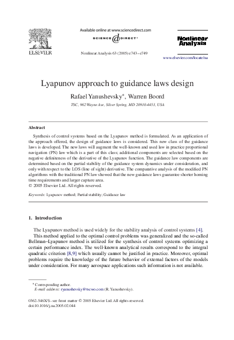 (PDF) Lyapunov approach to guidance laws design