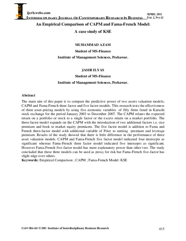 (PDF) An Empirical Comparison of CAPM and Fama and French Model: A case study of KSE
