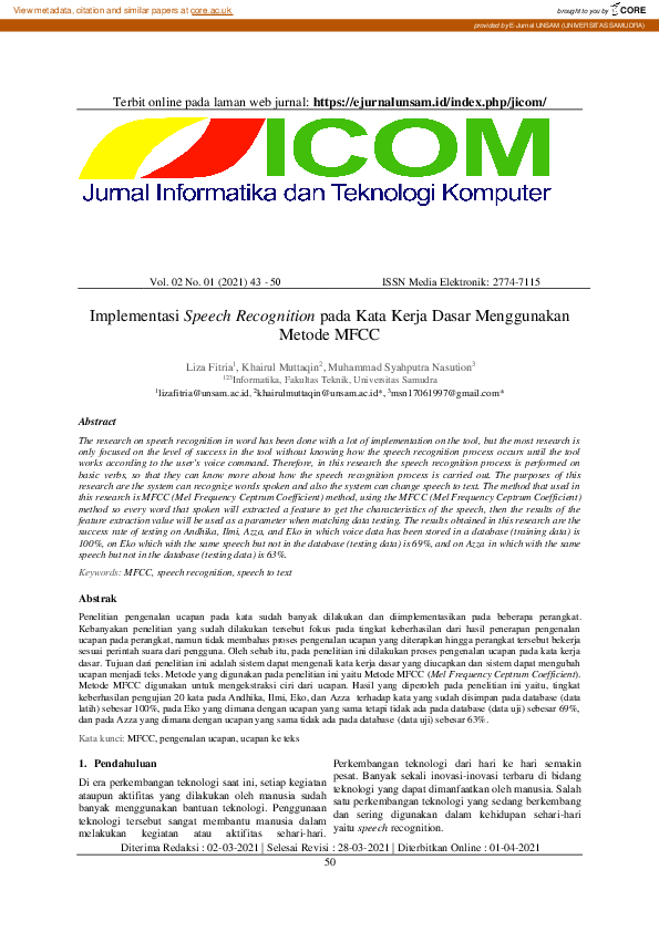 (PDF) Implementasi Speech Recognition Pada Kata Kerja Dasar Menggunakan Metode MFCC