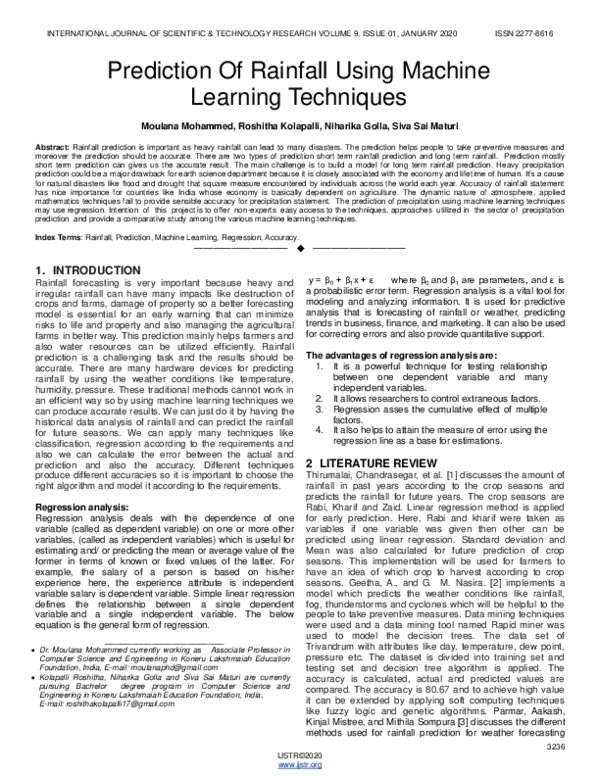 (PDF) Prediction of Rainfall using Machine Learning