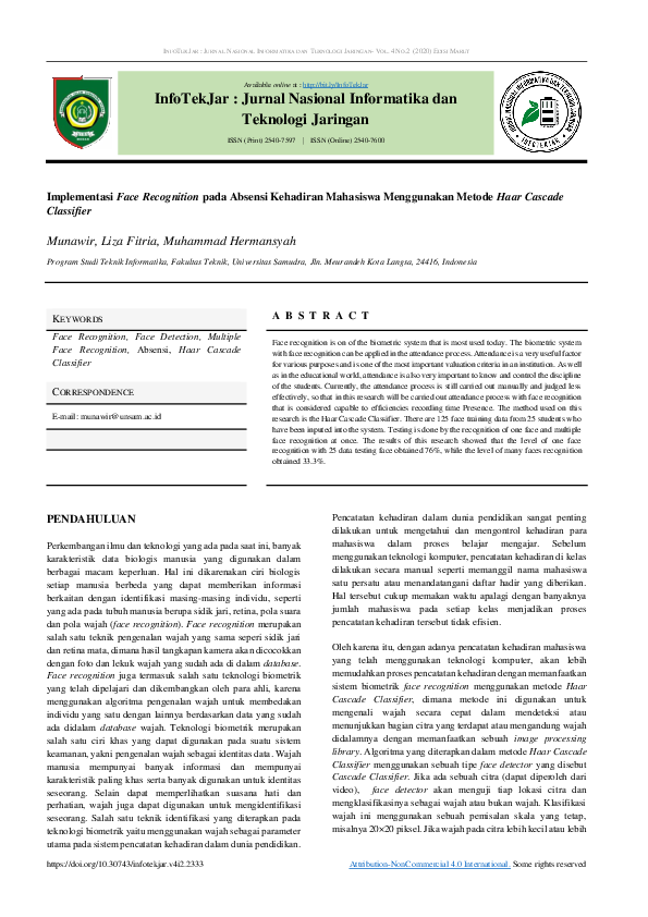 (PDF) Implementasi Face Recognition Pada Absensi Kehadiran Mahasiswa Menggunakan Metode Haar ...