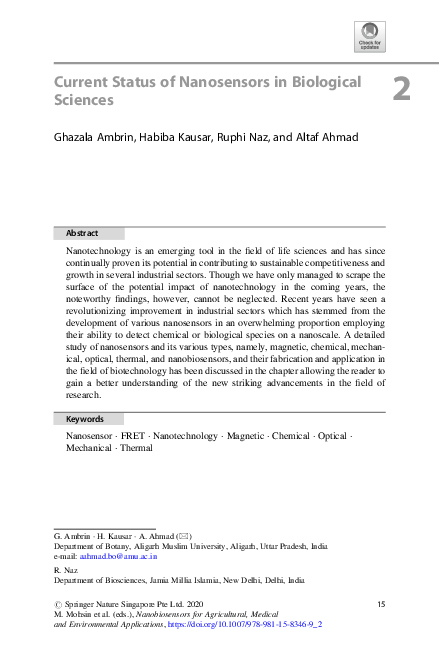 (PDF) Current Status of Nanosensors in Biological Sciences | ruphi naz - Academia.edu